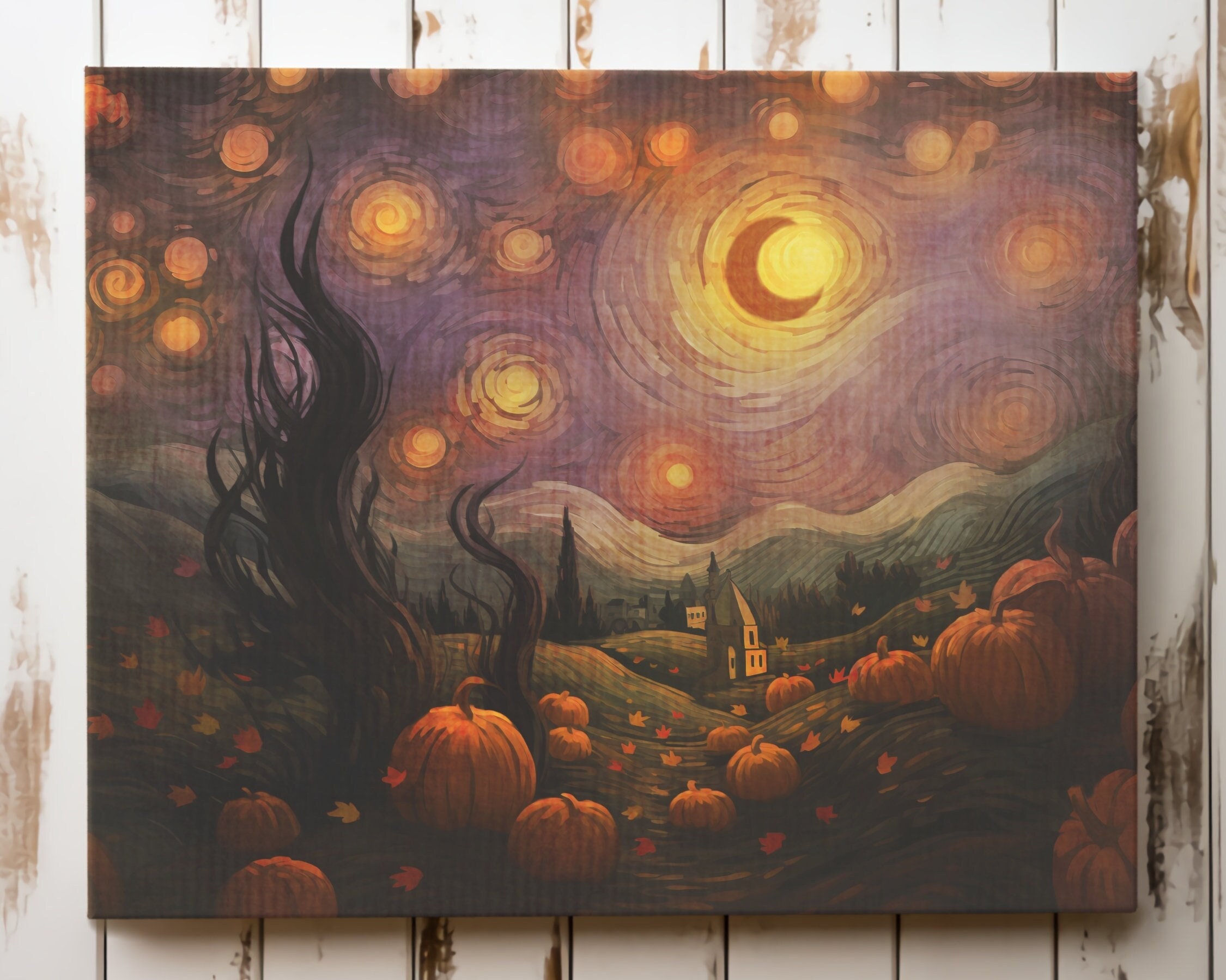 Fall Starry Night Canvas Wrap Wall Decor | Autumn Themed Version of Van ...