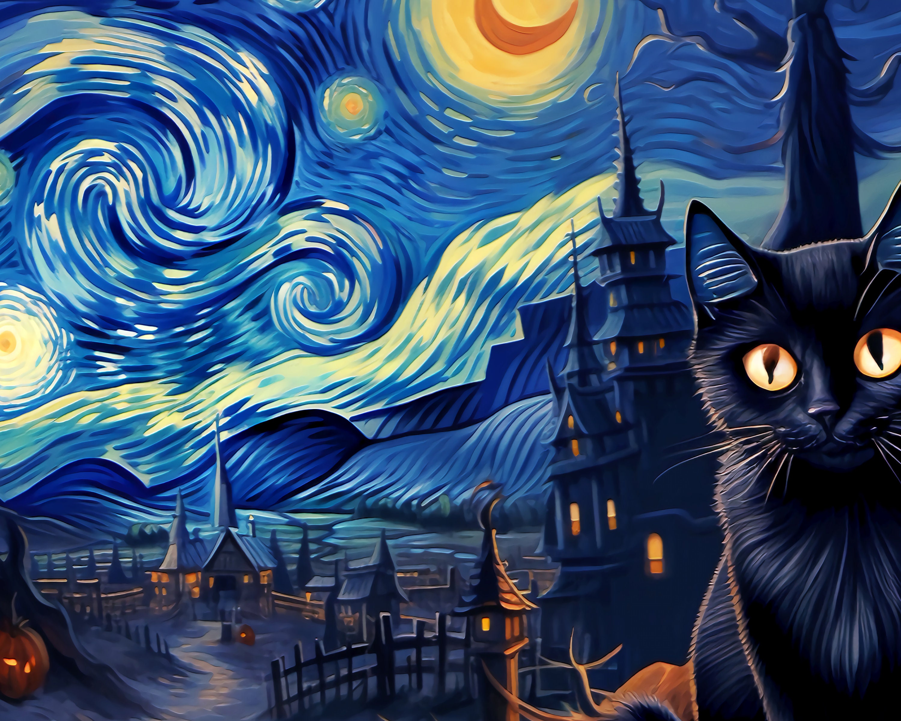 Starry Night Black Cat Canvas Wrap Wall Decor | Enchanting Halloween ...