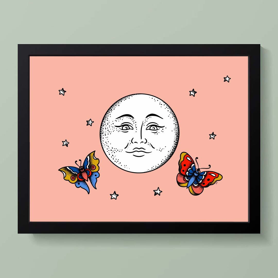 Protective Moon With Moths Poster - Etsy