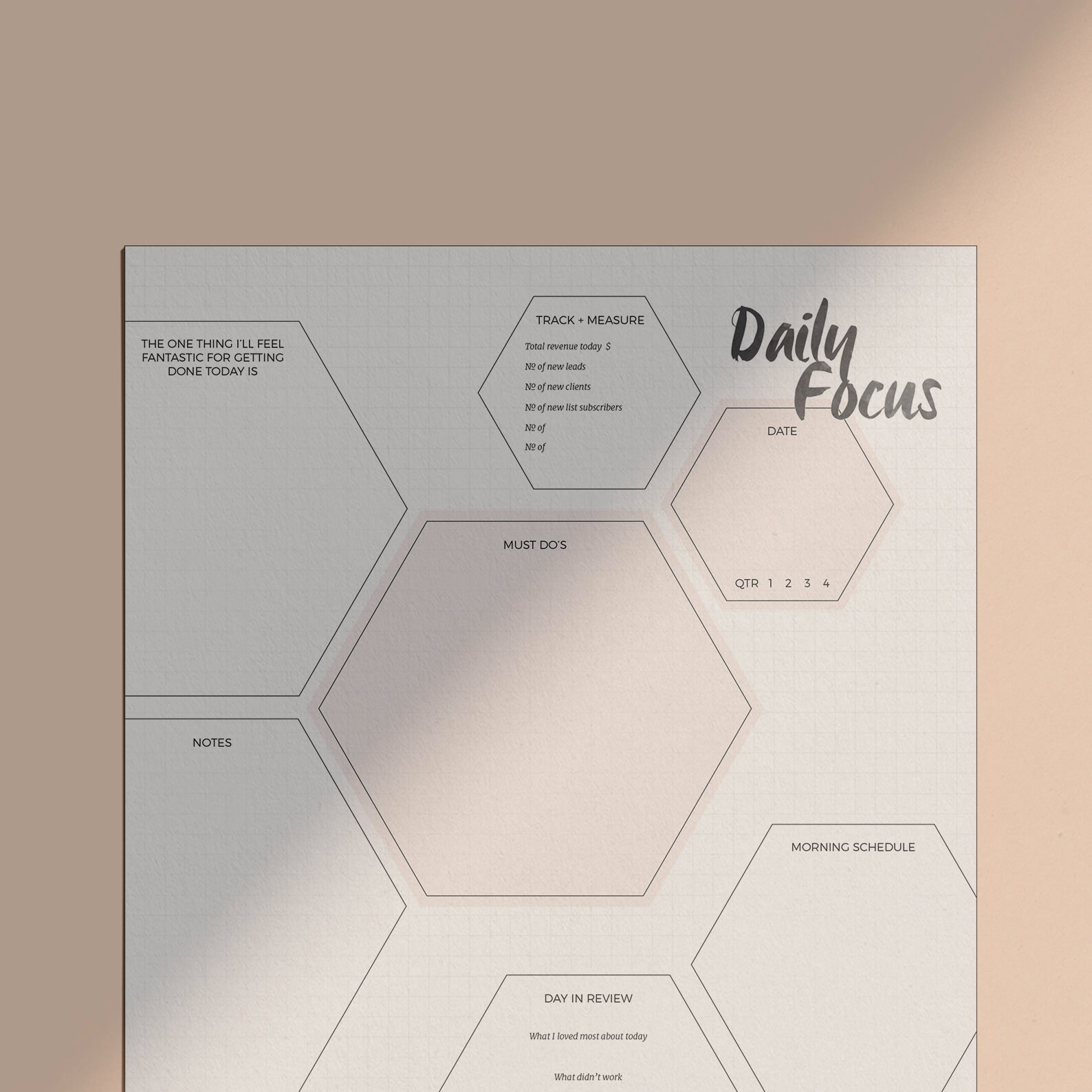 Printable Day Planner - A4 US Letter - Pink White Hexagon Daily Focus ...