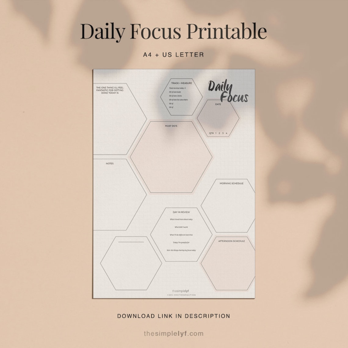 Printable Day Planner - A4 US Letter - Pink White Hexagon Daily Focus ...