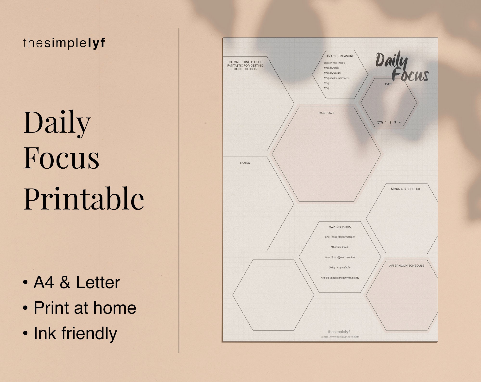 Printable Day Planner - A4 US Letter - Pink White Hexagon Daily Focus ...
