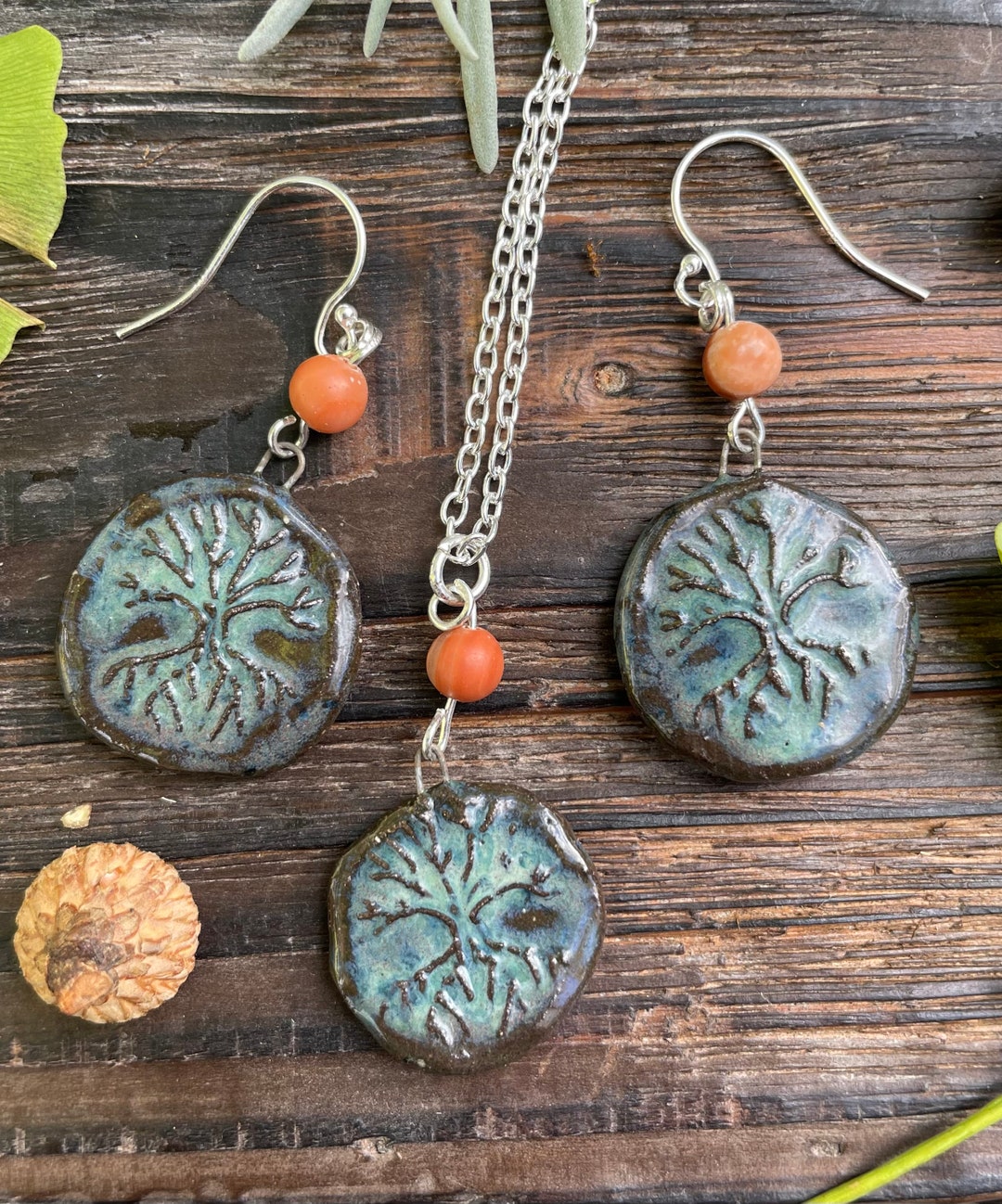 Sea Green Tree of Life Necklace and Earring Set - Etsy