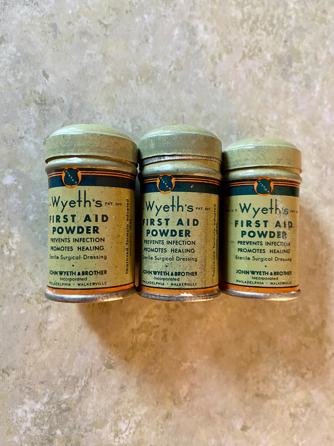 Set of 3 Antique Wyeth's First Aid Powder Tin Litho Shakers - Vintage ...