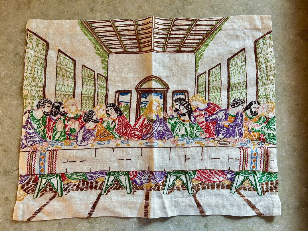 Vintage Large Religious Last Supper Hand Embroidered Linen Piece ...