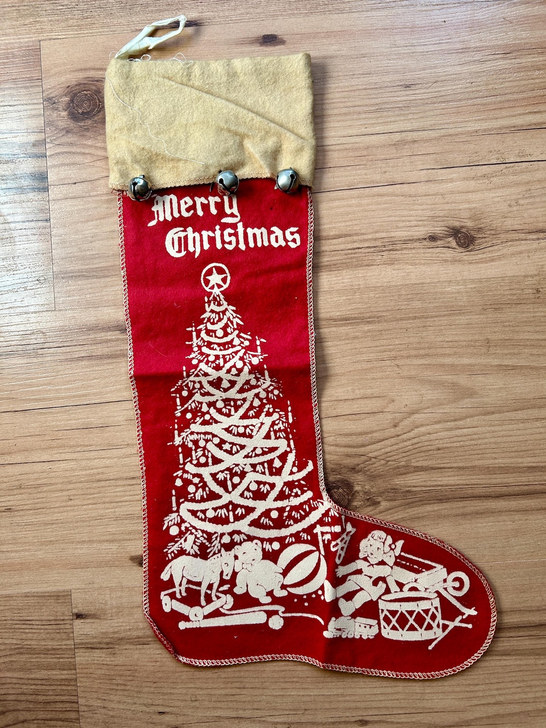 Large Vintage Mid Century Christmas Stocking With Bells Red and White ...