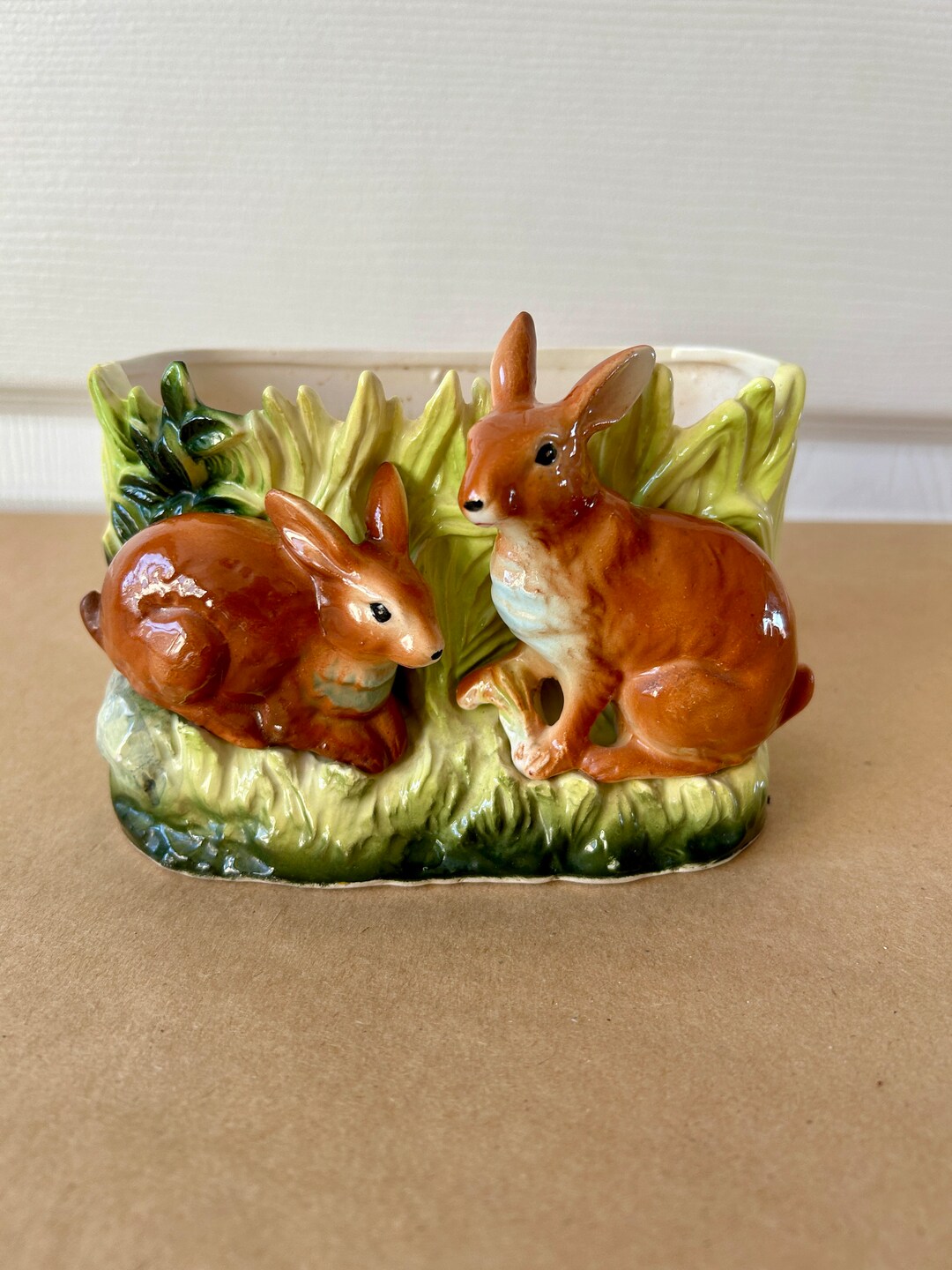 Vintage Art Pottery With Bunnies & Grass Base Planter in Green, Yellow ...