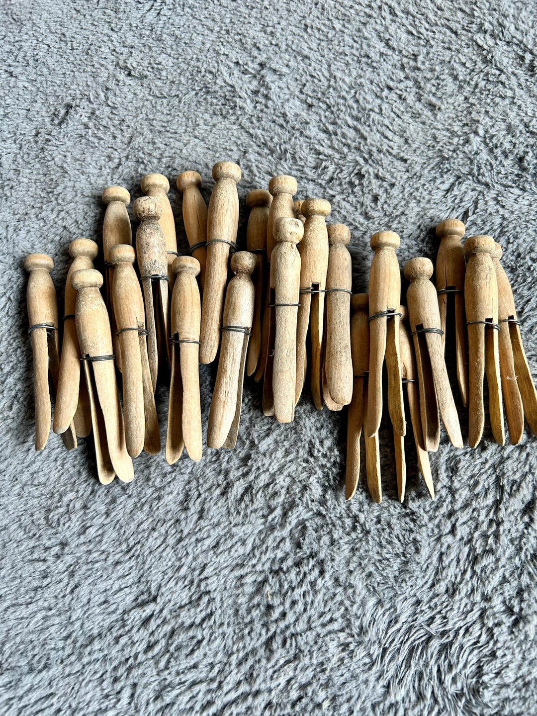 Vintage Set of 25 Round Wooden Clothespins With Wire and Checkered Tie ...