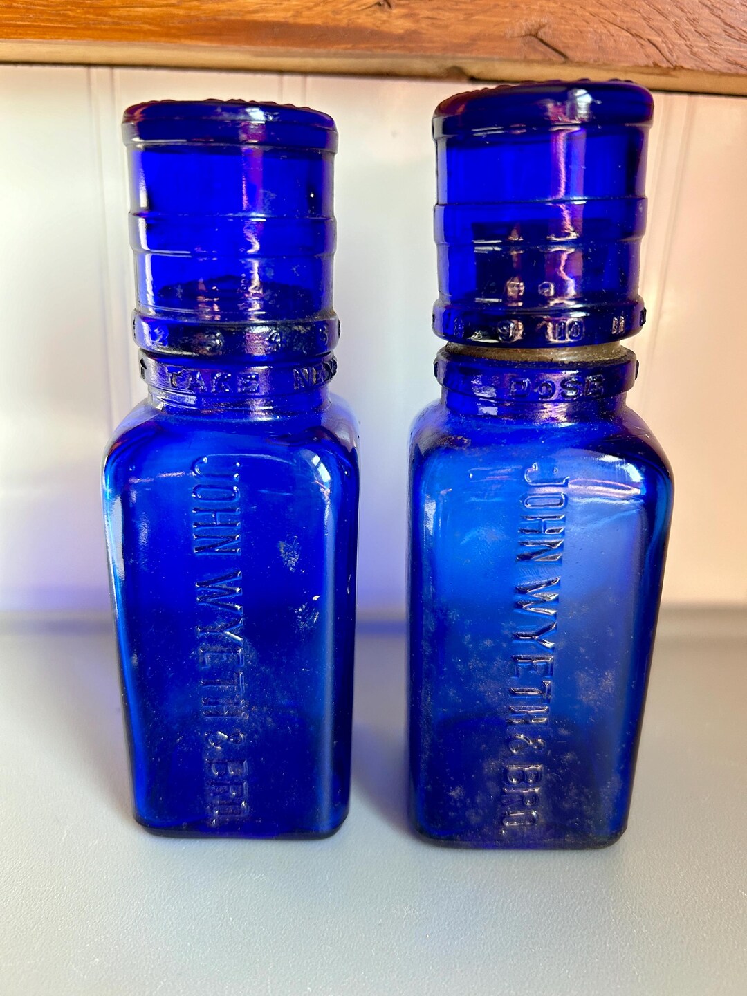 Set of 2 Vintage Cobalt Blue Dose Apothecary Bottles - John Wyeth & Bro ...