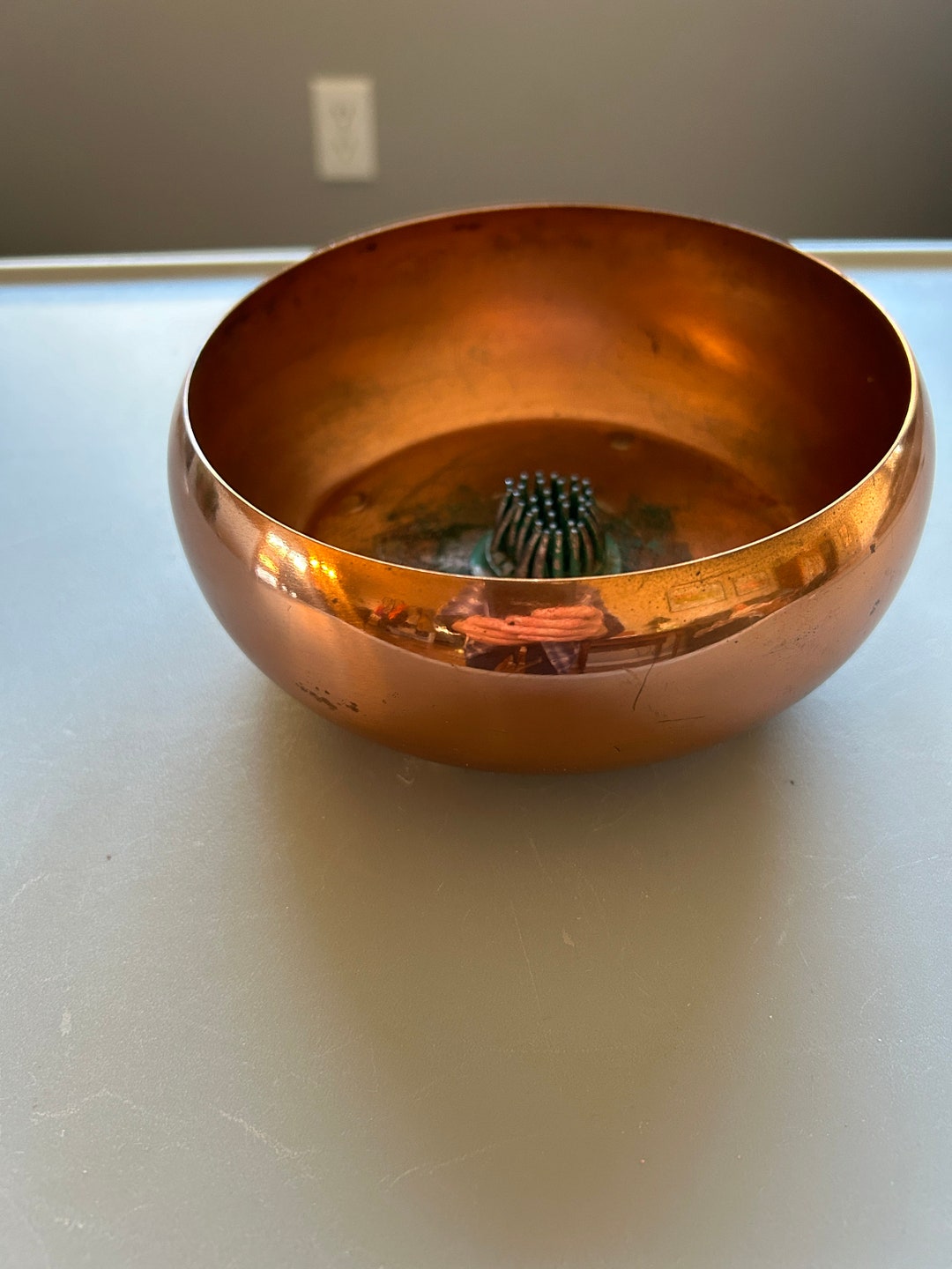 Vintage Florist Dish in Copper With Small Brass Feet - Green Pin Frog ...