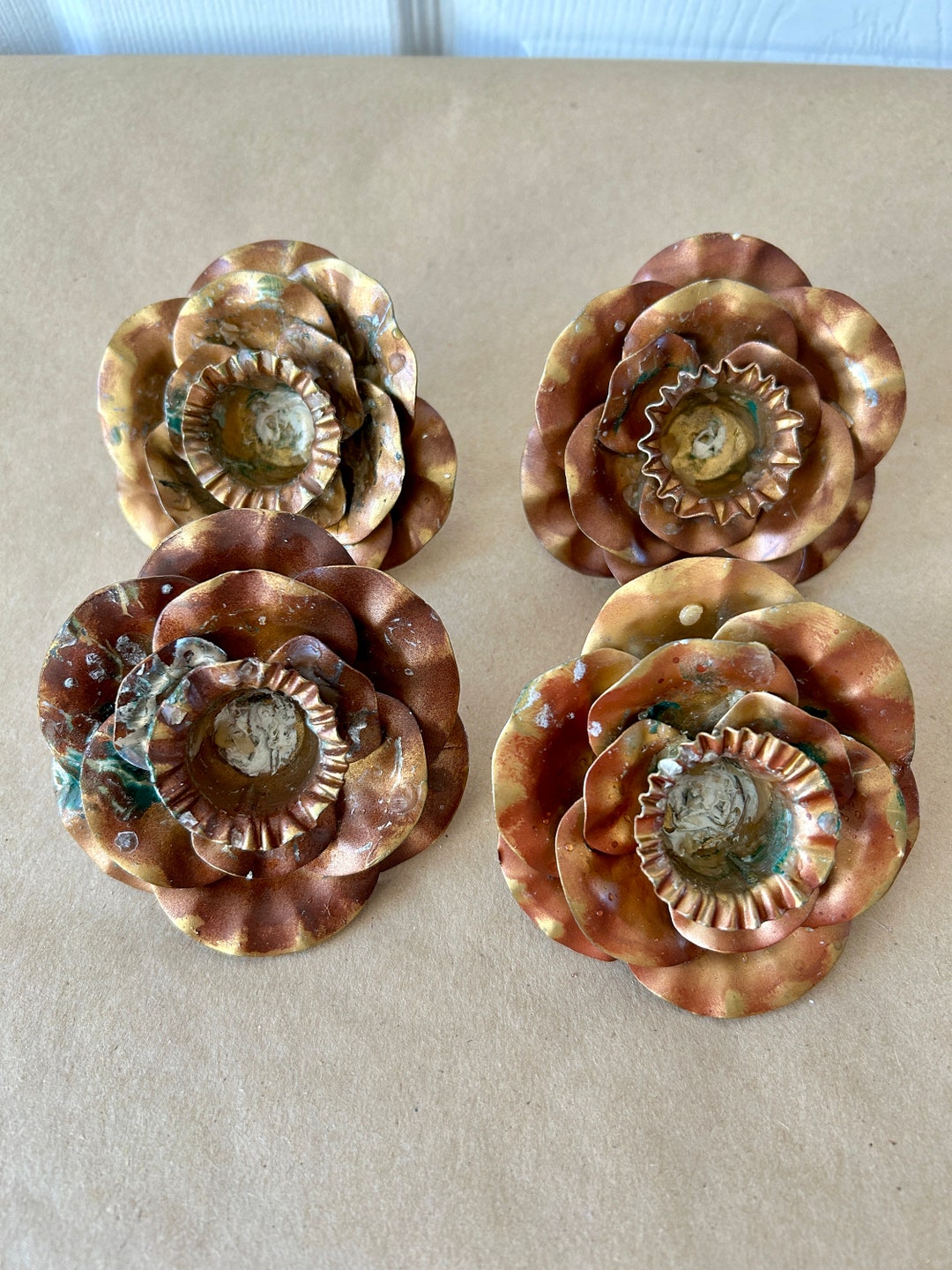 Vintage Set of 4 Metal Flower Candleholders on Florist Bases With ...