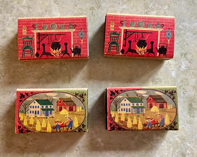 Set of 4 1950s Folk Art Ohio Blue Tip Matchboxes - Vintage Red & Gray ...