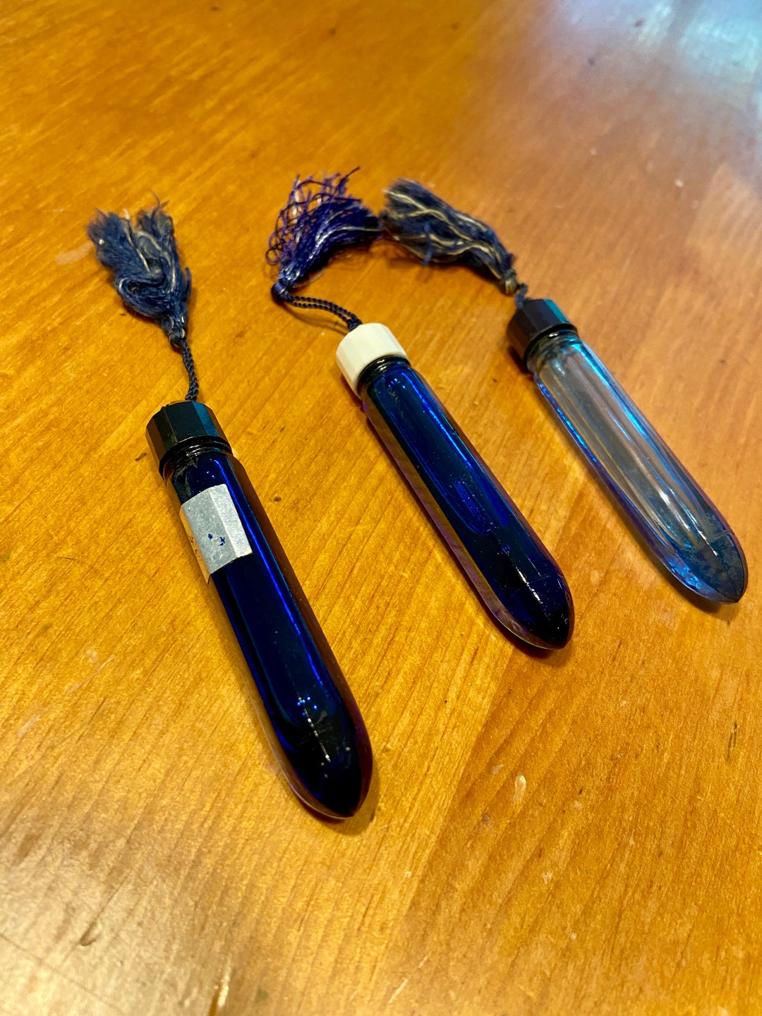 3 Vintage Blue Glass Perfume Vials With Tassels - Art Deco Glass ...