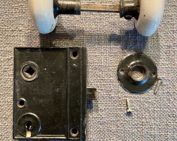 Antique Cast Iron Surface Rim Lock Set With Porcelain Door Knobs ...