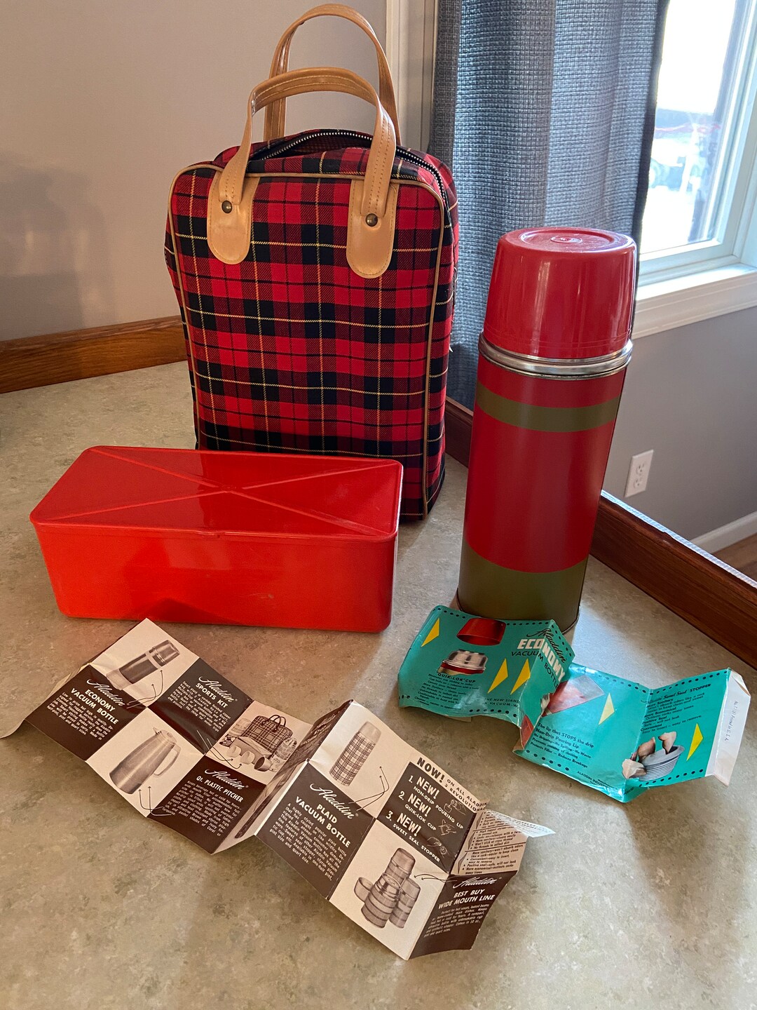 Vintage Aladdin Red Plaid Picnic Set With Thermos - Etsy