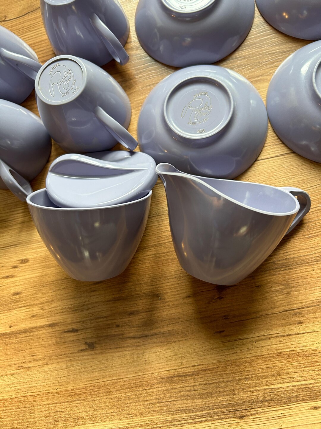 Vintage Set of Purple Melmac Royalon Inc - Set of 4 Cups, 4 Small Bowls ...