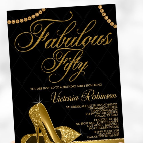 50 And Fabulous Gold And Black 50th Birthday Invitation Etsy