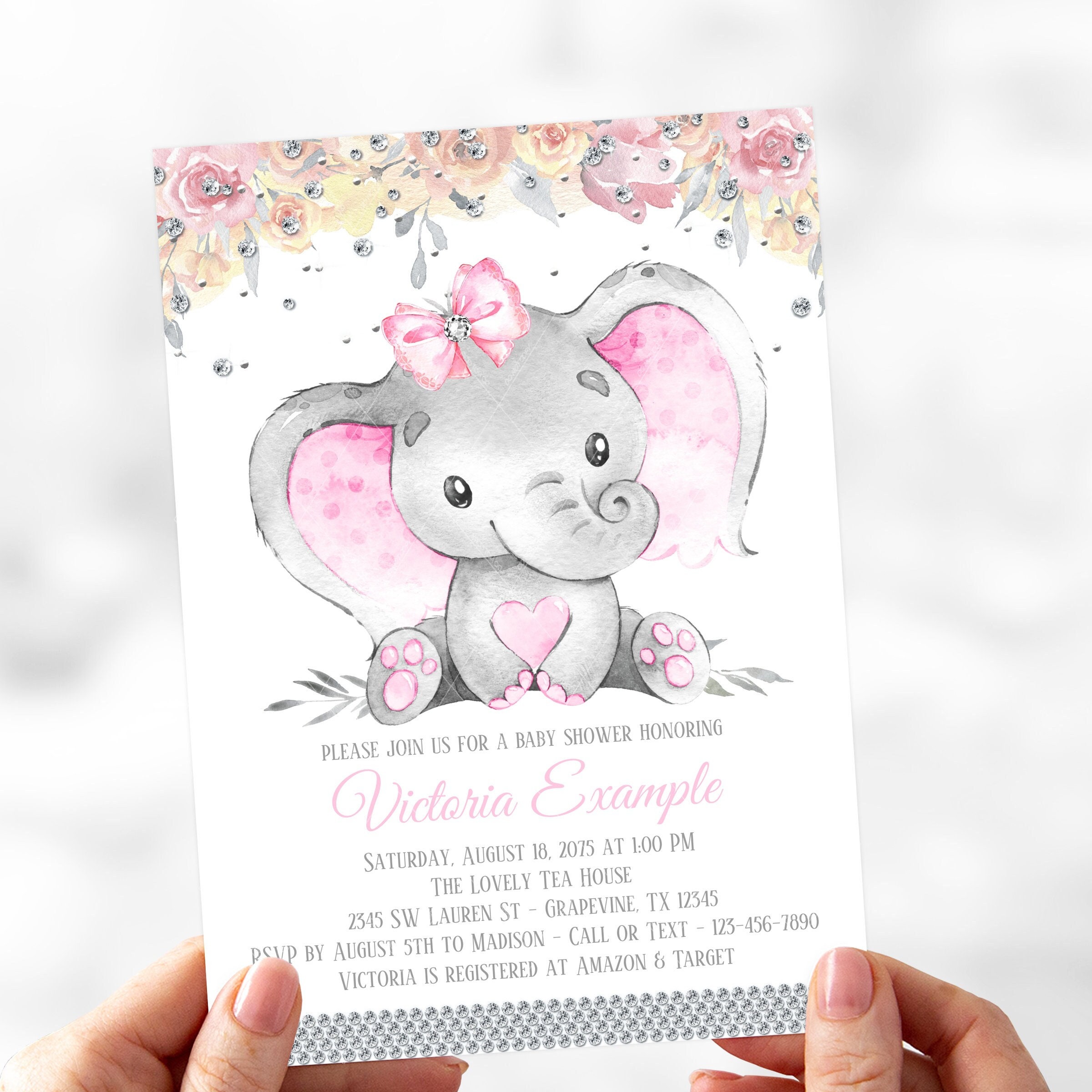 Girl Elephant Baby Shower Invitations: Pink Floral Watercolor - Etsy