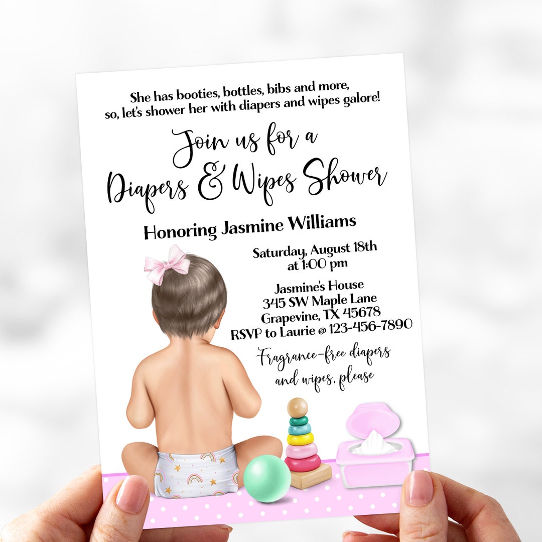 Girl Diapers and Wipes Baby Shower Invitations, Diaper Baby Shower ...