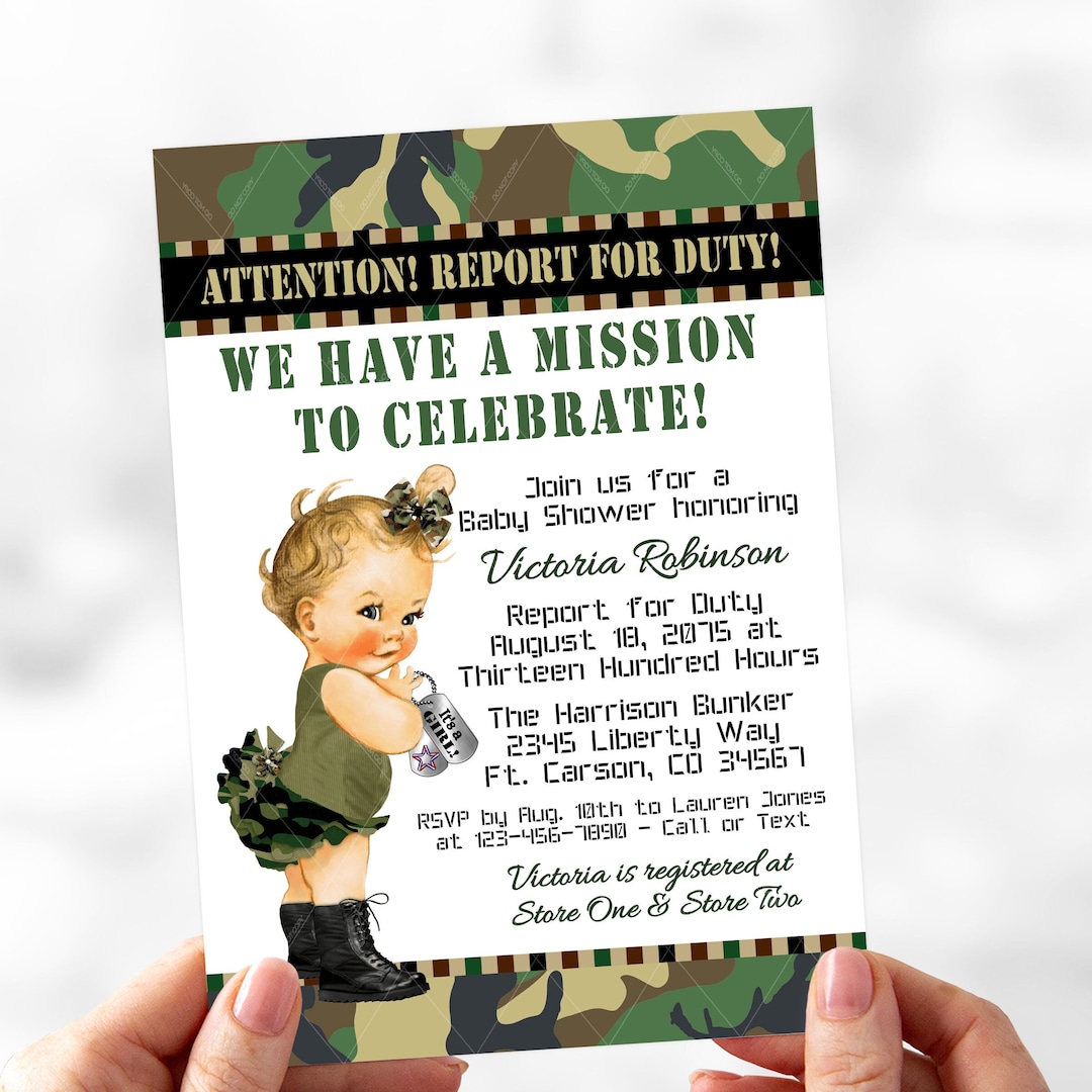Girl Army Baby Shower Invitation, Girl Military Baby Shower, Camouflage ...