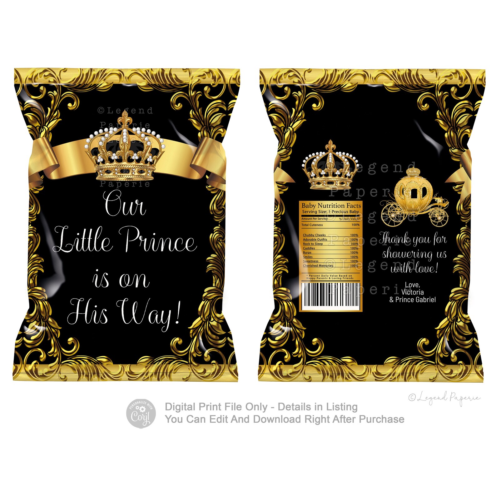 Prince Baby Shower Chip Bag Wrappersblack Gold Prince Chip - Etsy