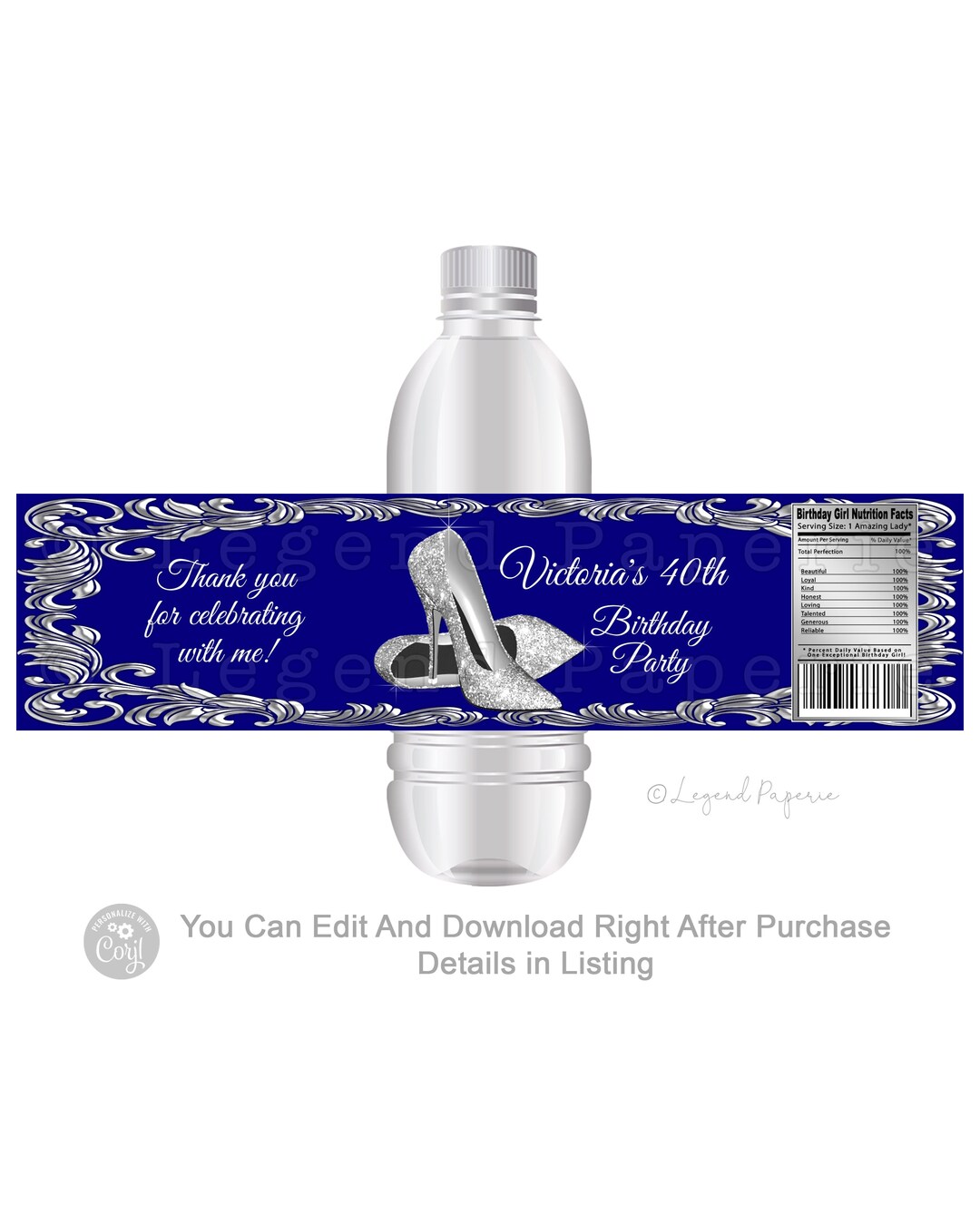Blue & Silver Birthday Water Bottle Labels: High Heel Shoes (digital ...