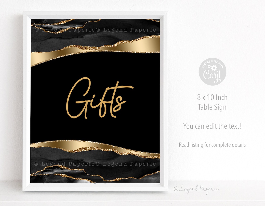Black Gold Agate Gift Table Sign: Birthday Party Decor (digital ...