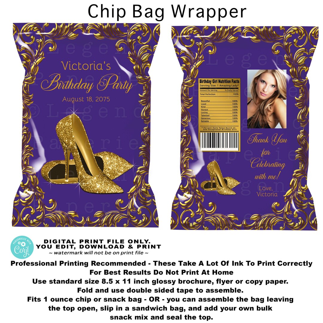 Purple Gold Birthday Chip Bag Wrapper With Gold Shoe (digital File) - Etsy