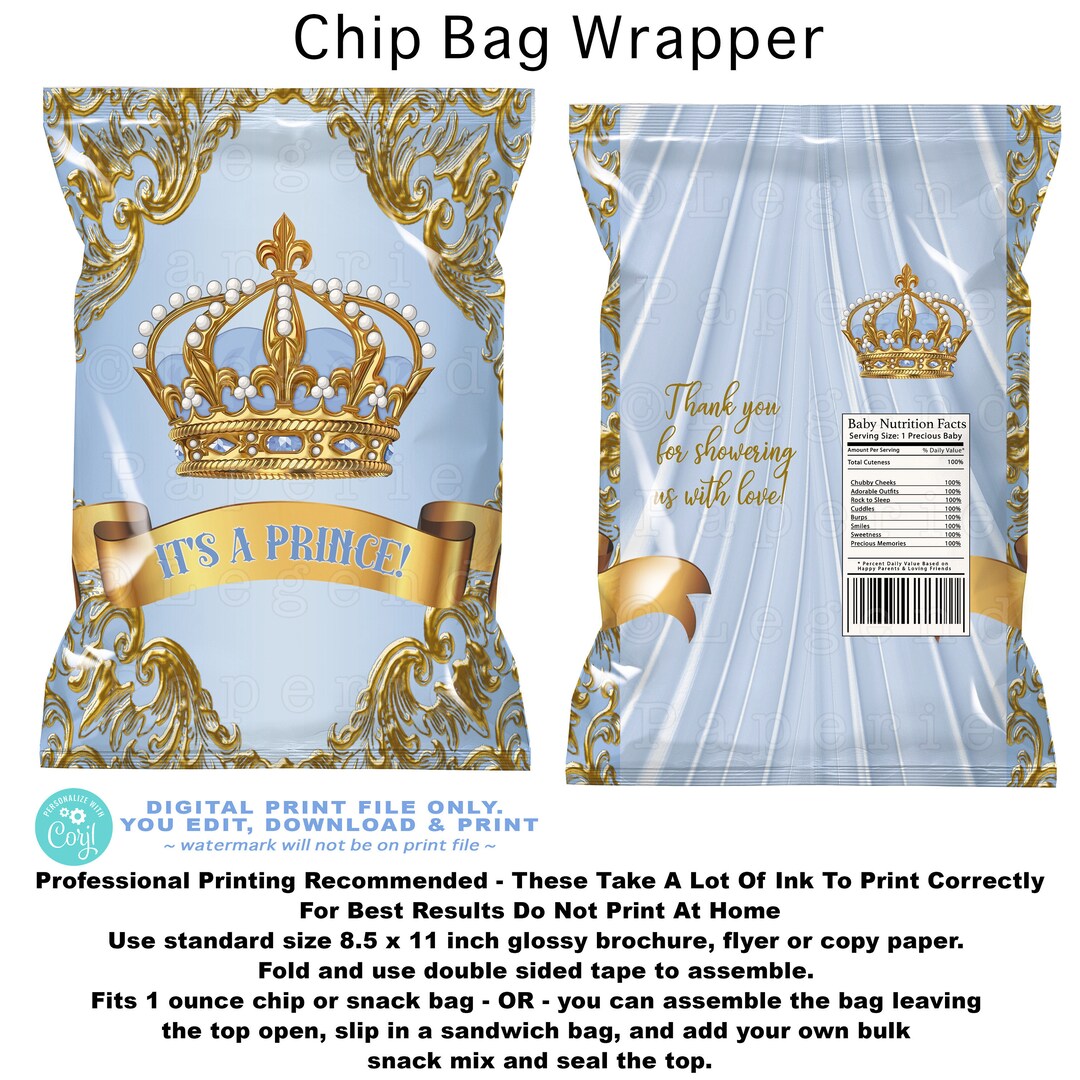 Prince Baby Shower Chip Bags,blue Gold Prince Chip Bag,baby Blue Gold ...