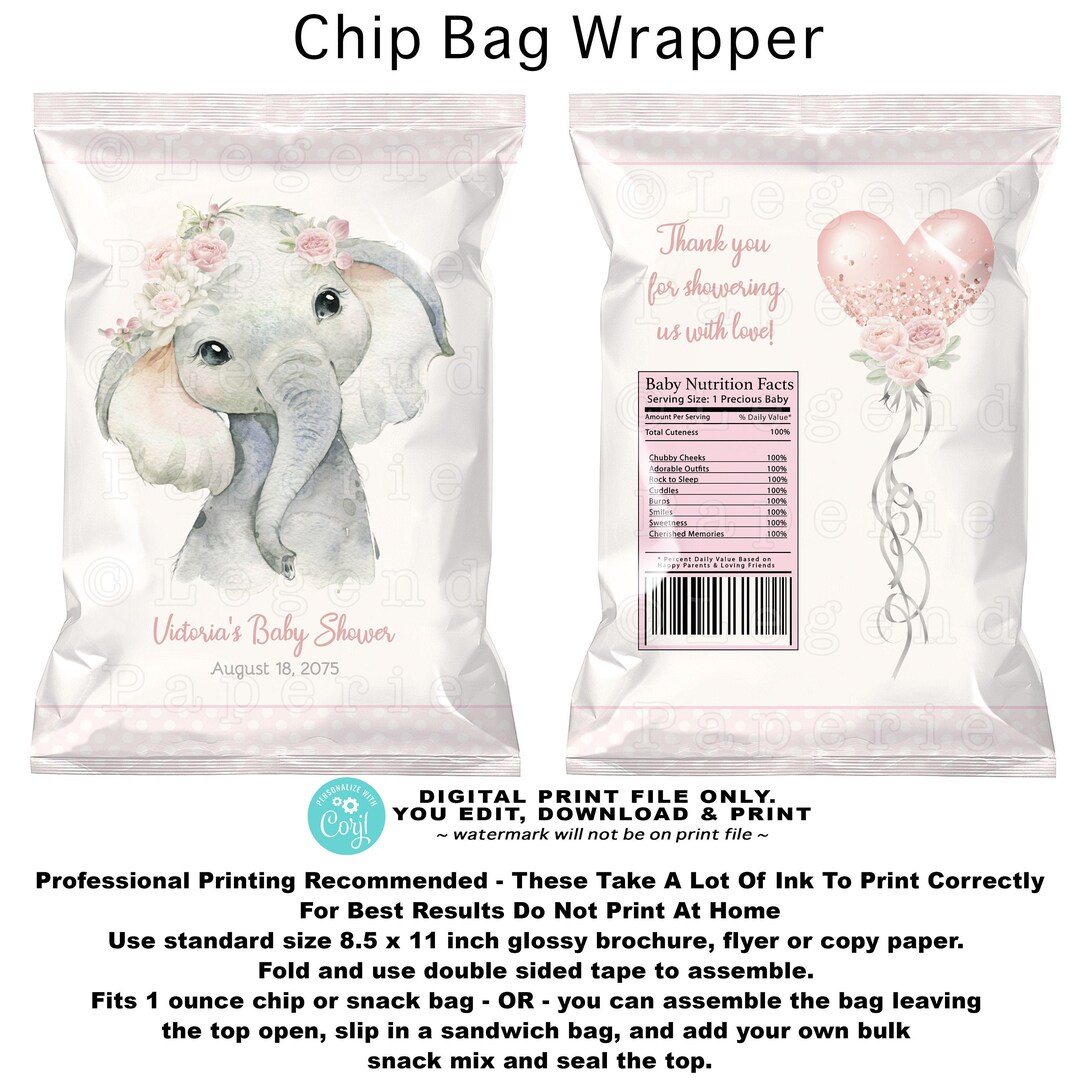 Blush Pink Elephant Baby Shower Chip Bags,girl Elephant Baby Shower ...