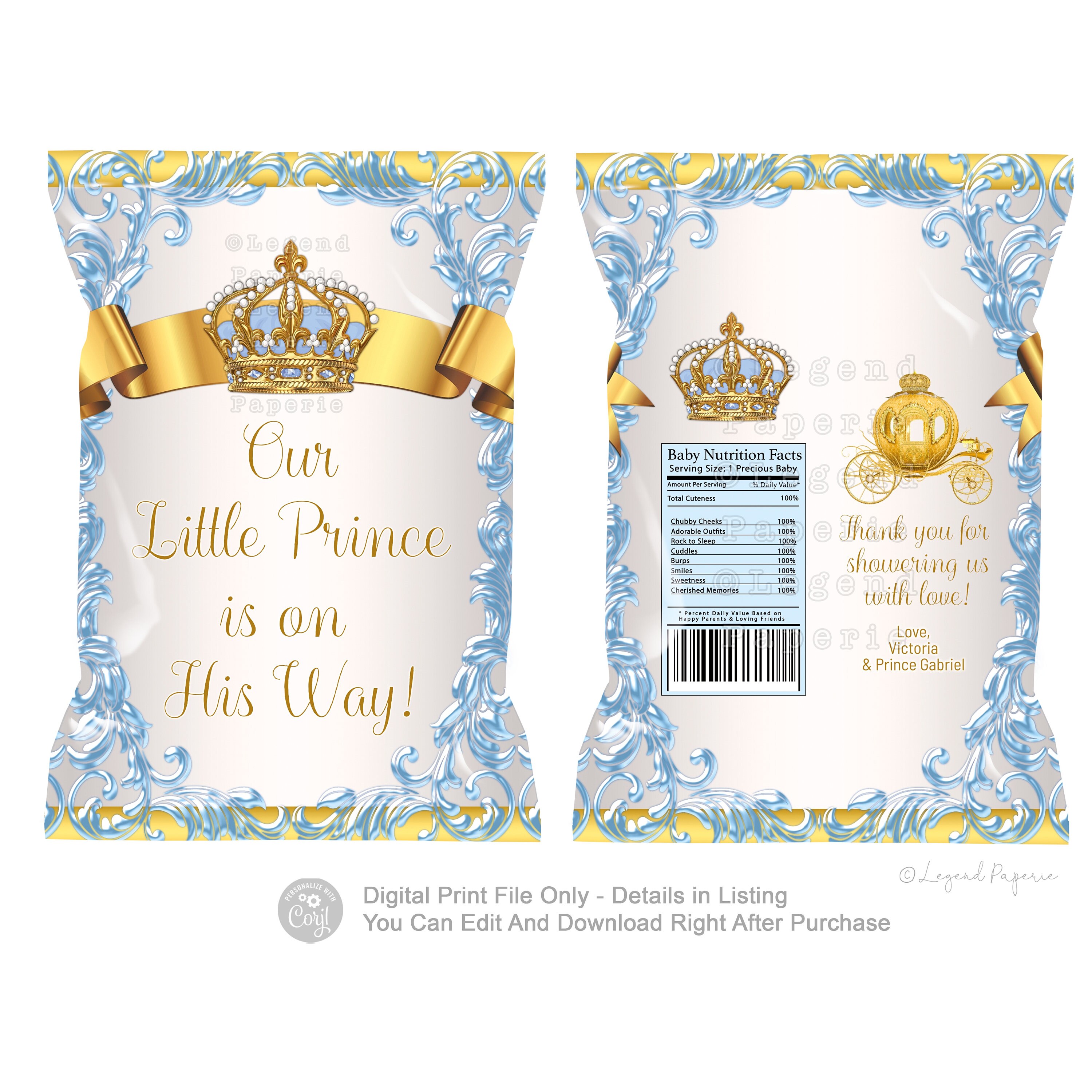 Prince Baby Shower Chip Bag Wrappersblue Gold Prince Chip Bag - Etsy