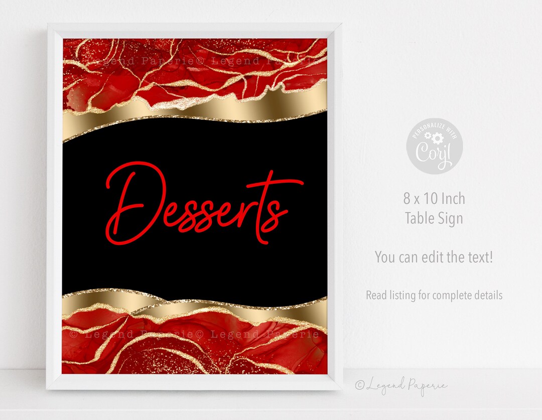 Red Gold Dessert Table Signs,womans Red Gold Birthday Party Table Sign ...