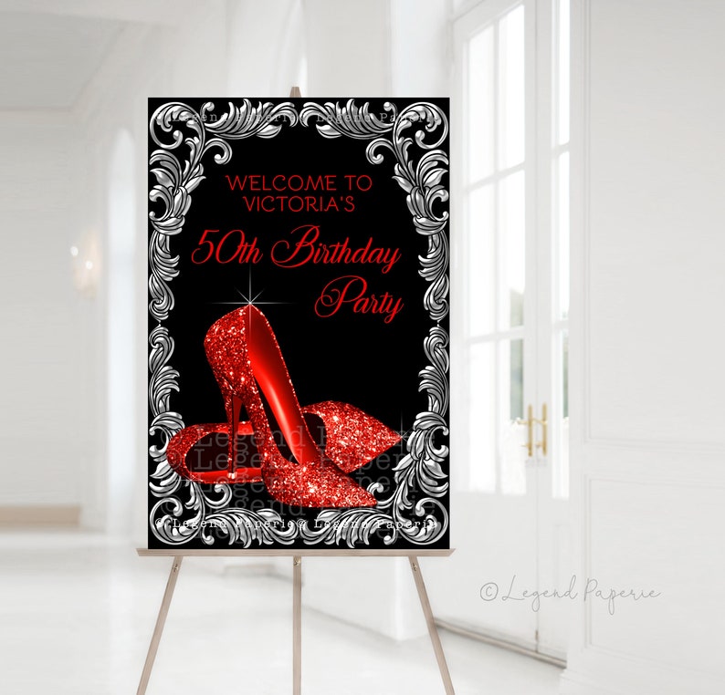 Red Black Silver Birthday Party Welcome Signwomans Red Black - Etsy
