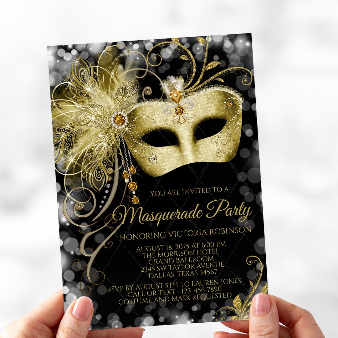 Black Gold Masquerade Party Invitation, Woman Masquerade Birthday Party ...