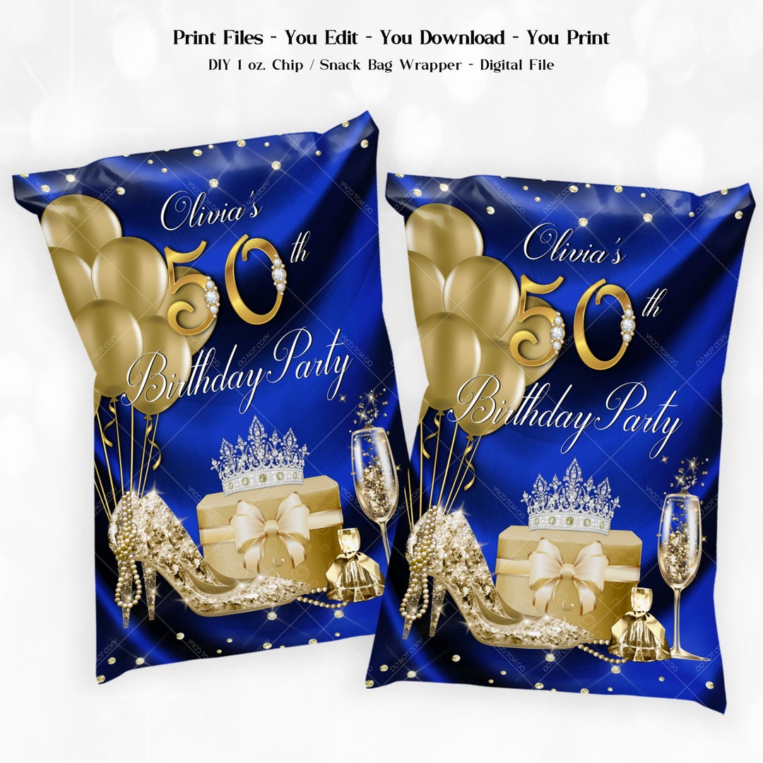 Womans Royal Blue Gold Chip Bag Wrapper, Woman Royal Blue Gold Birthday ...