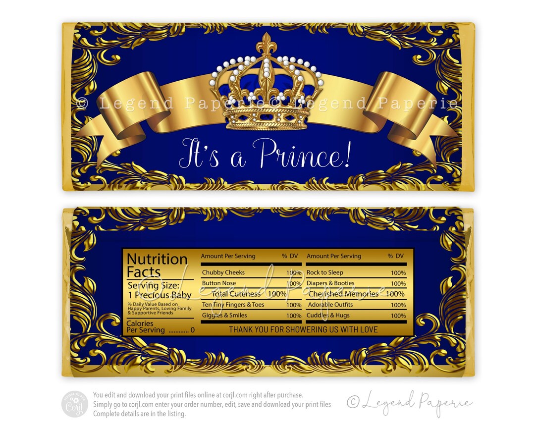 Prince Baby Shower Candy Bar Wrapper: Royal Blue & Gold (digital File ...