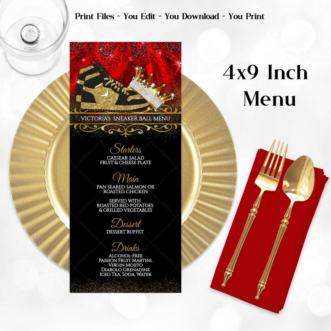 Red and Gold Sneaker Ball Menu (4x9 Inch Editable) - Etsy