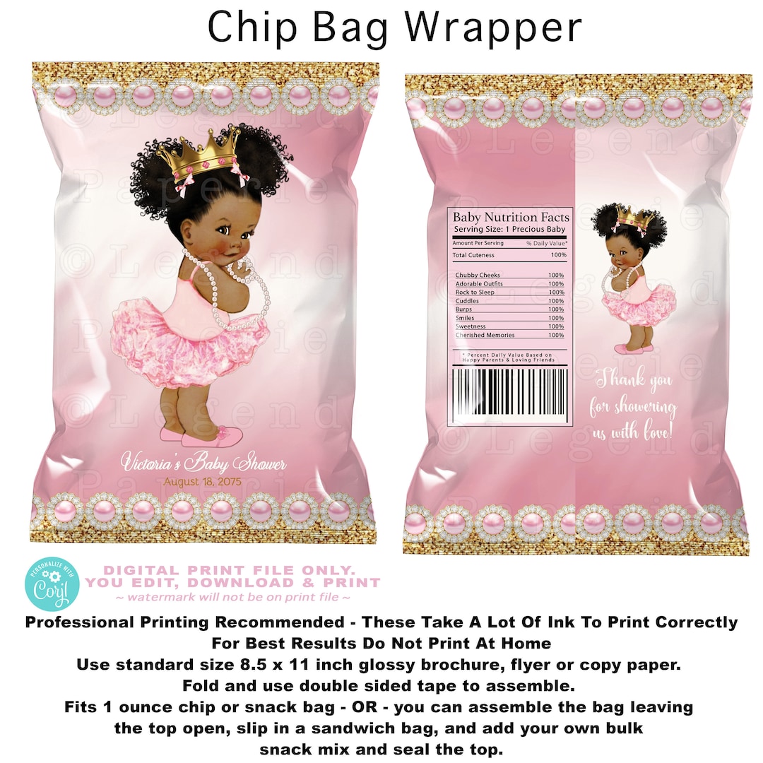 Afro Princess Chip Bags,tutu,princess Baby Shower Chip Bag,pink Gold ...