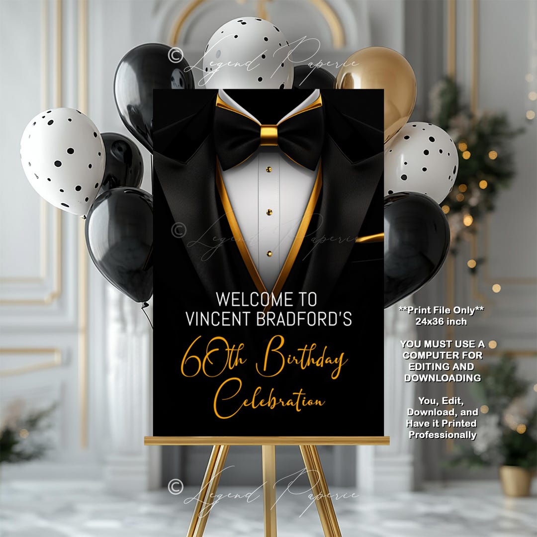 Elegant Black and Gold Tuxedo Welcome Sign Template – Perfect for Any ...
