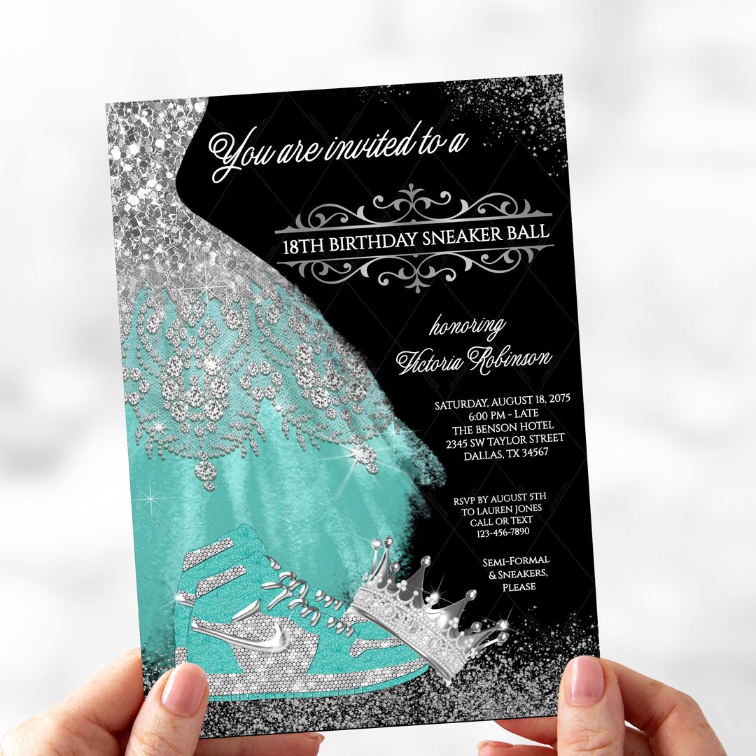 Sneaker Ball Birthday Invitation, Teal Blue Silver Sneaker Ball ...