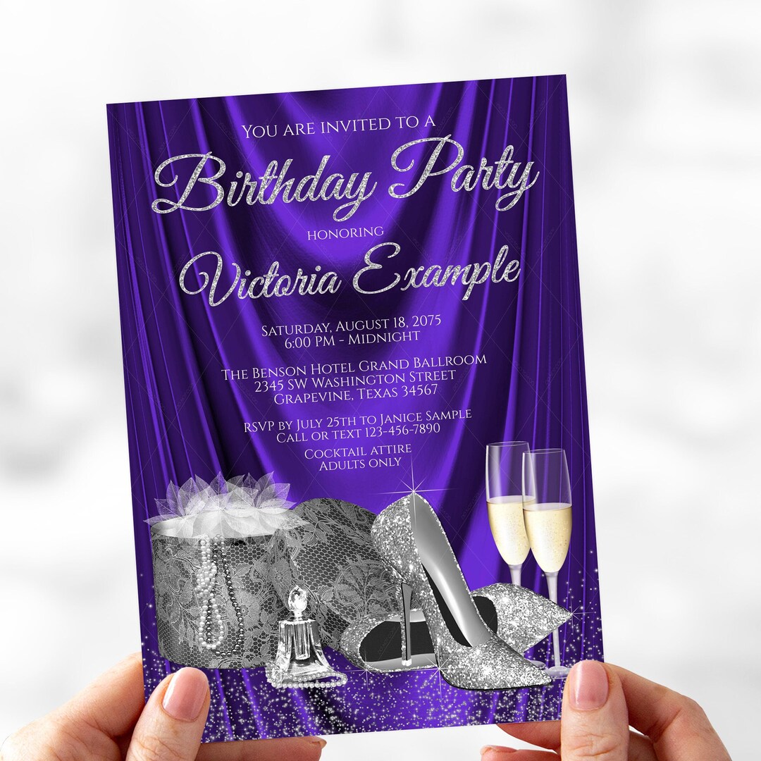 Womans Purple Silver Birthday Invitations,purple Silver Invitations ...