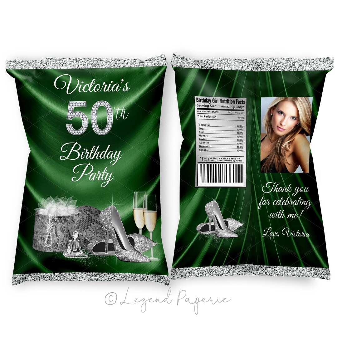 Woman Green Silver Birthday Party Chip Bag Wrapper, Emerald Green Chip ...