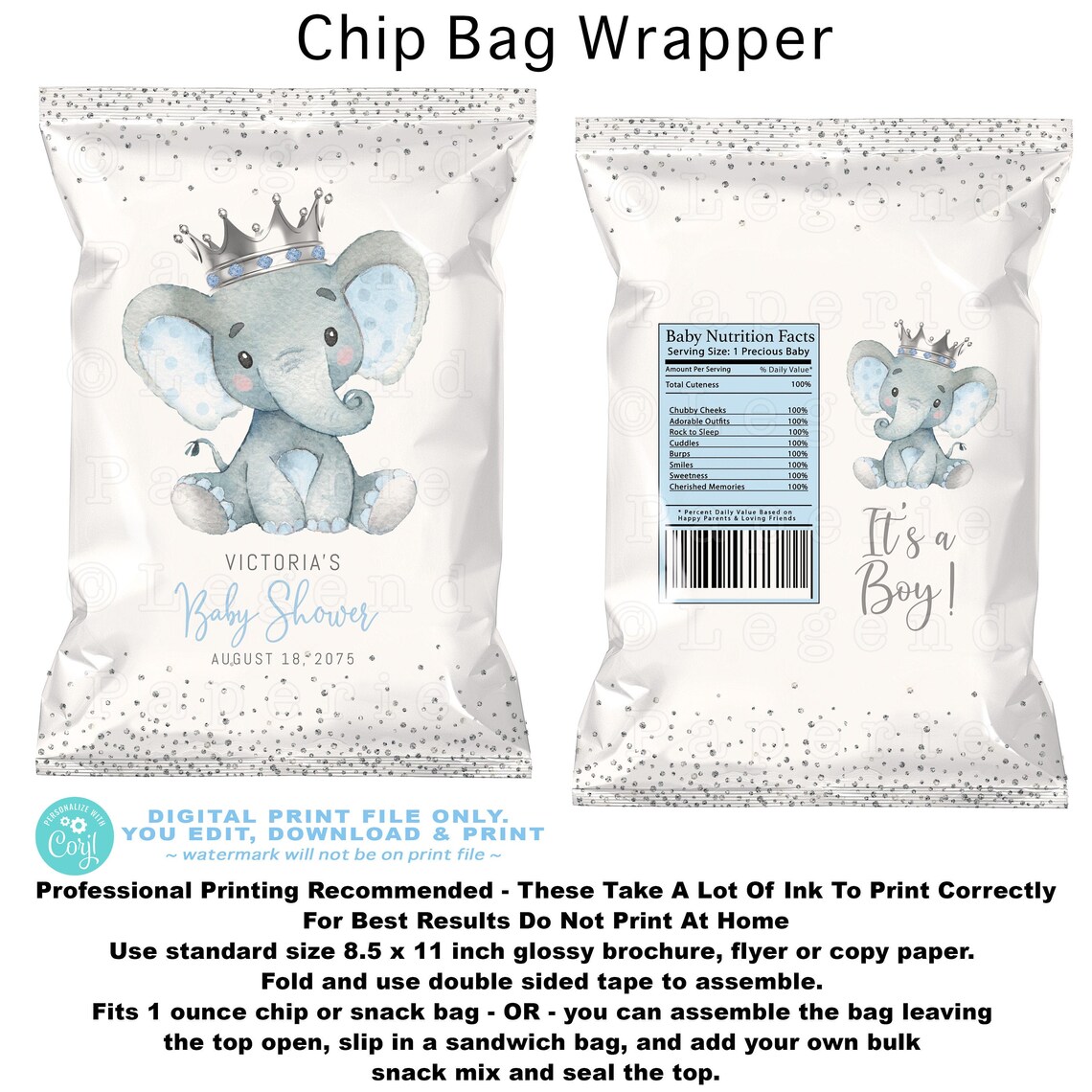 Elephant Baby Shower Chip Bagboy Elephant Chip Bagboy | Etsy