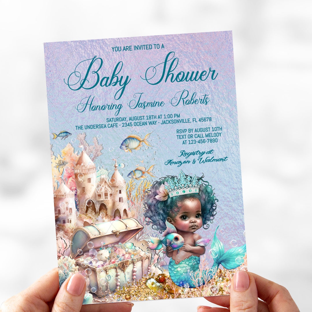 Dark Skin Mermaid Princess Baby Shower Invitation: Under the Sea Theme ...
