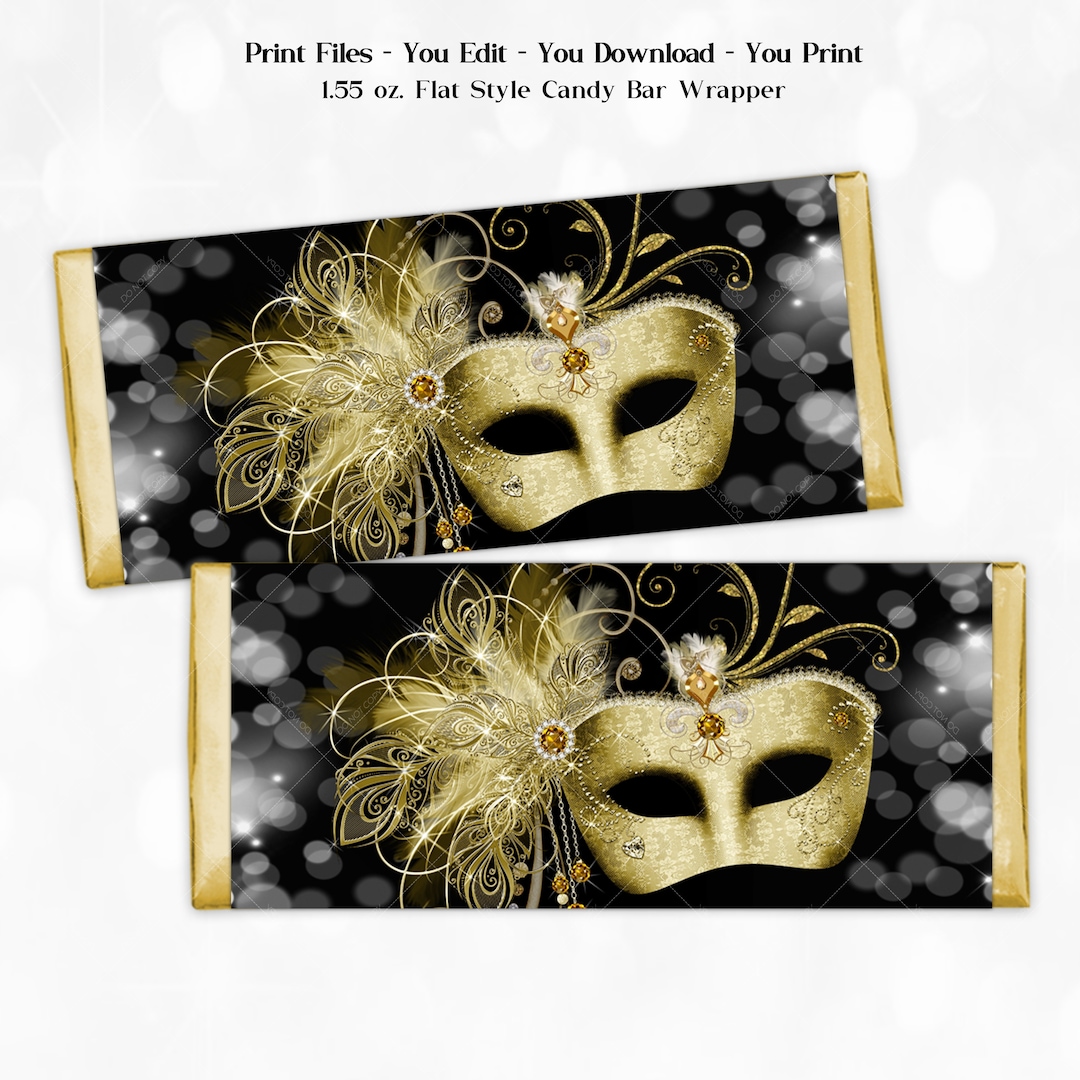 Masquerade Party Candy Bar Wrapper: Black & Gold Mask (digital File) - Etsy