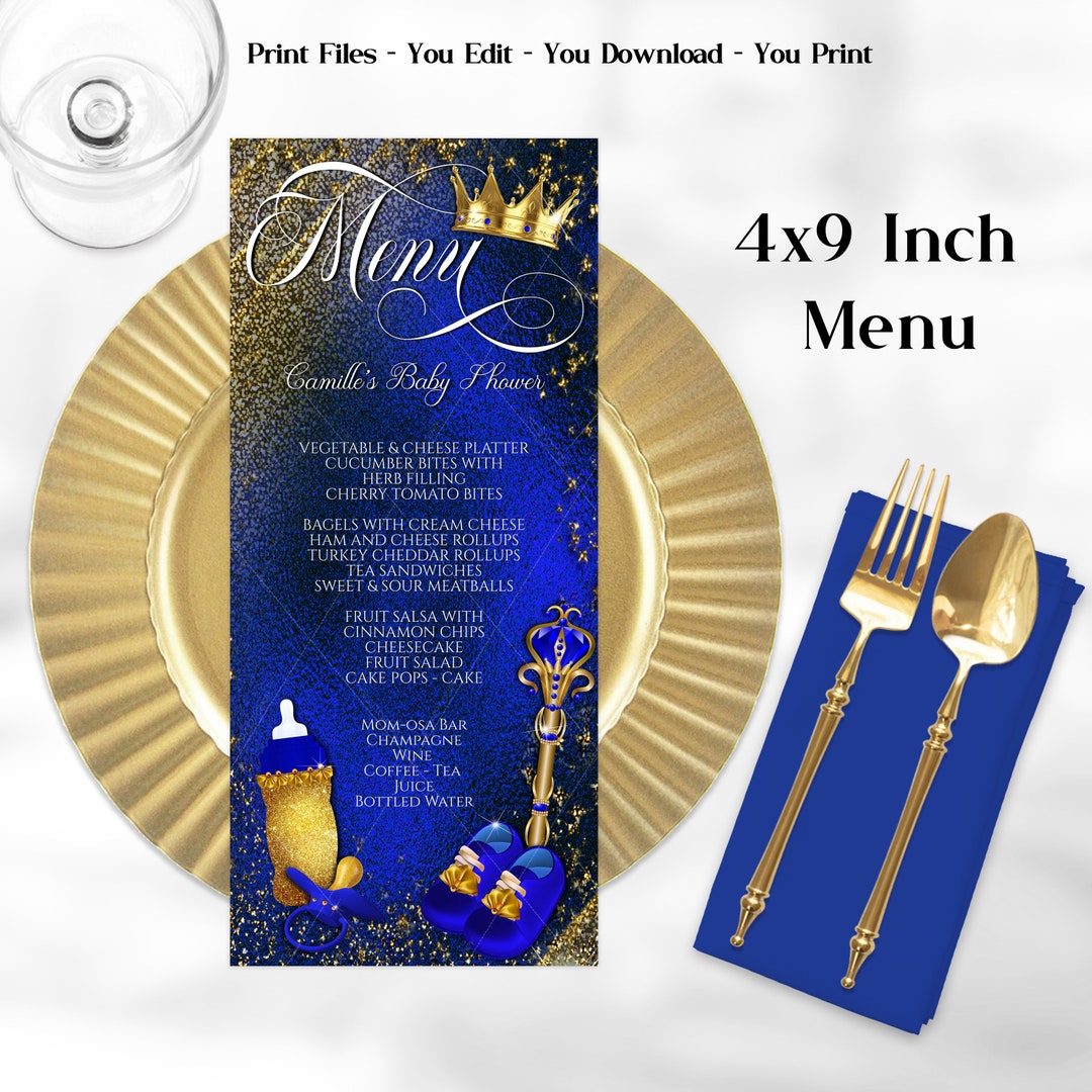 Prince Baby Shower Menus, Royal Blue Gold Prince Baby Shower Menus ...