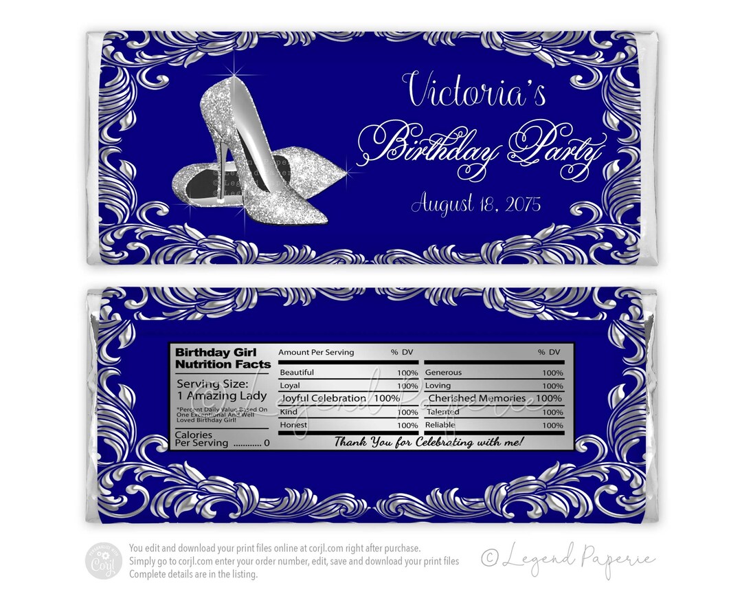 Blue & Silver Birthday Candy Bar Wrapper: High Heel Shoes (digital File ...
