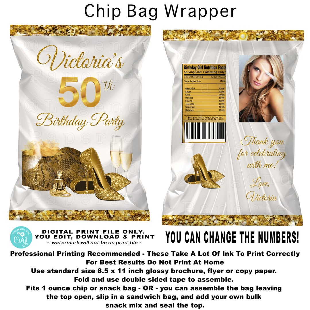 White Gold Birthday Chip Bag Wrapper: Customizable Number (digital File ...