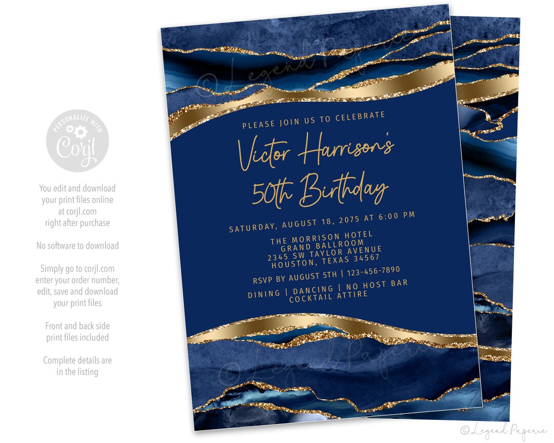 Mans Birthday Invitation,mens Birthday Invitations,mans Blue Gold ...