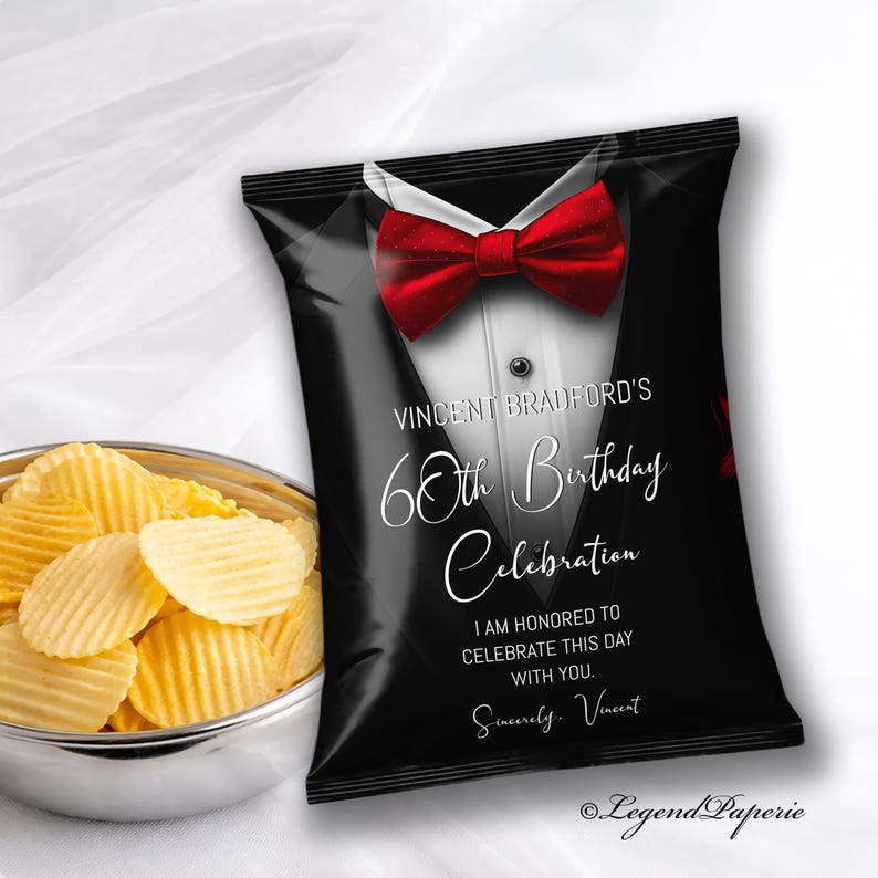Tuxedo Chip Bag Wrapper Black Red Birthday Favor Editable Corjl ...